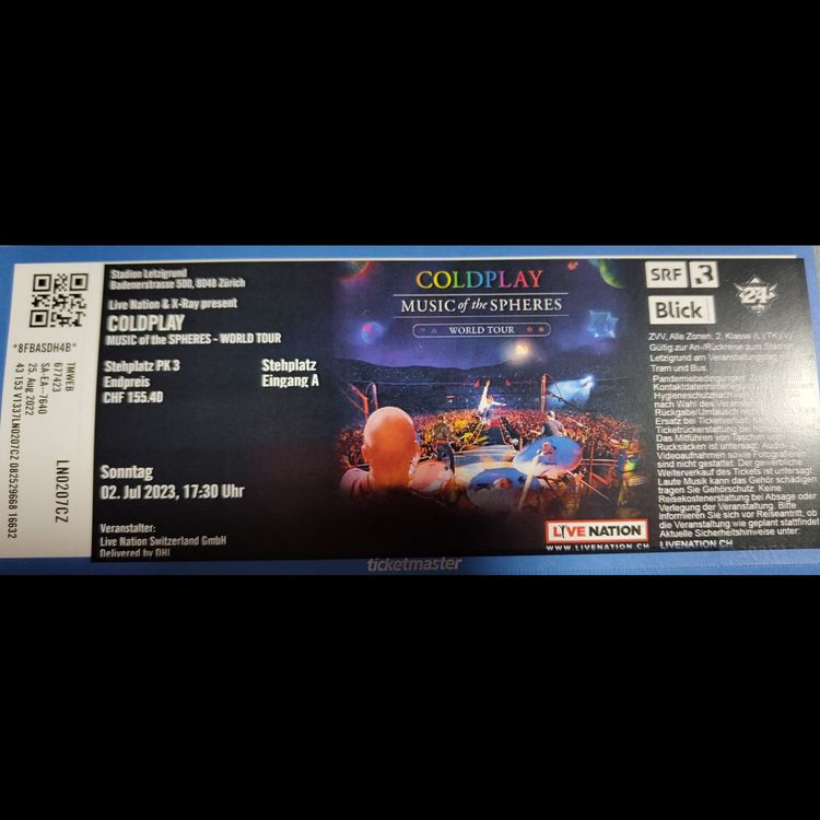 Coldplay Ticket, Stehplatz, 02.07.2023, Zürich (Neu (gemäss ...