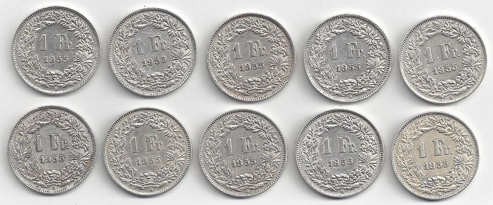 10 Stück Silber 1 Franken-Münzen alle von 1955 | Kaufen auf Ricardo