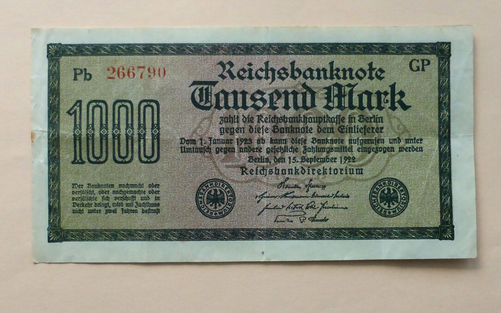 Deutsches Reich - Tausend Mark - 15. September 1922 (Gebraucht) in für ...