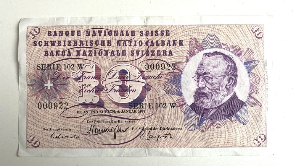 1977 - 10-Franken-Note - Serie 102W vom 6.1.1977 (Gebraucht) in ...