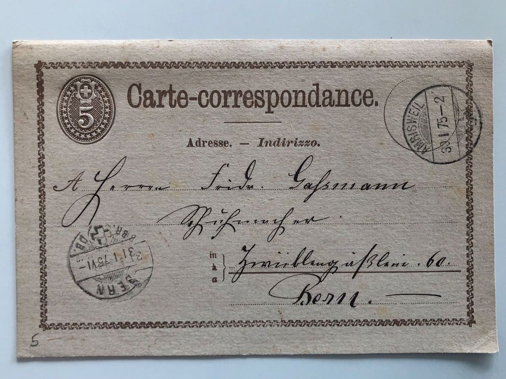 antike Postkarte von 1875 von Amrisweil! nach Bern (Gebraucht) in Biel/Bienne für CHF 2 – mit ...