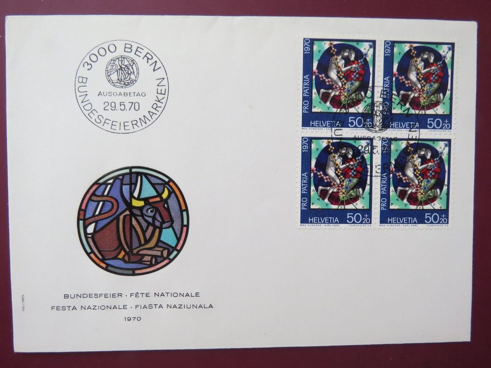 Viererblock-FDC Pro Patria 1970 off.ET-Stempel BERN (Gebraucht) in Brunnen für CHF 0.5 – mit ...