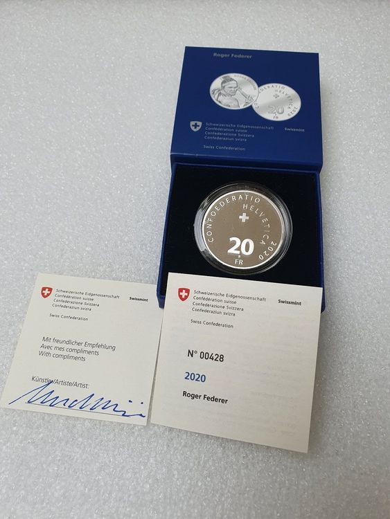 Gedenkmünze Roger Federer 2020 signiert (Neu und originalverpackt) in ...