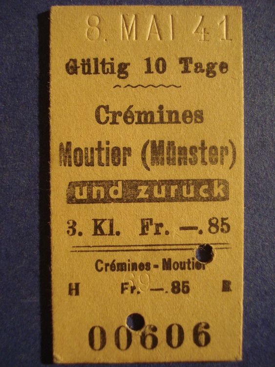 SBB - SMB - 8.5.1941 - CRÉMINES - Moutier - 3.Klasse (Gebraucht) in Biel/Bienne für CHF 22 – mit ...