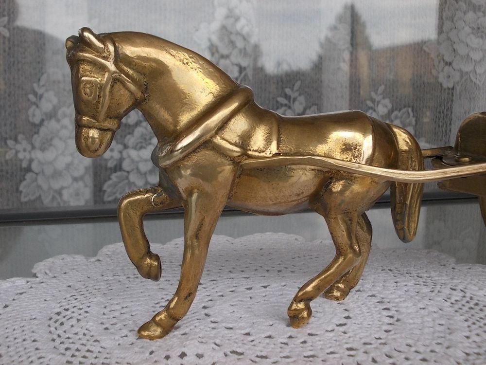 Grosse 37 cm Messing Figur Pferd Kutsche Gespann 60er Jahre | Kaufen auf Ricardo