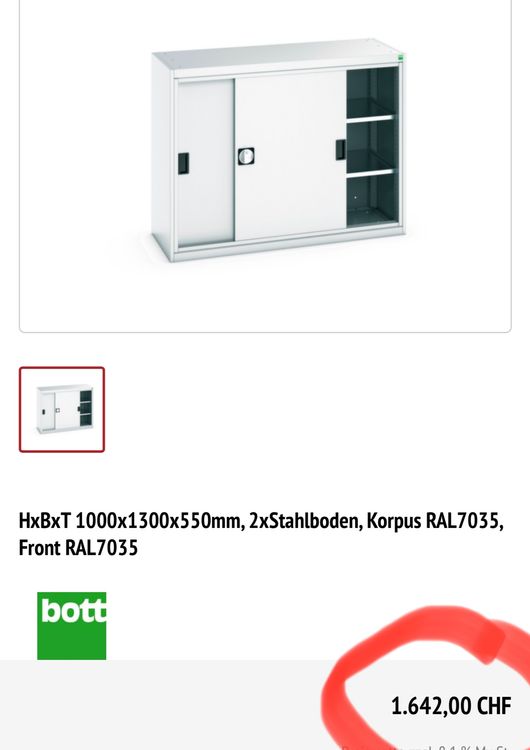neues bott Werkstattschrank mit Schiebetüren statt 1642.— (Neu (gemäss Beschreibung)) in Necker ...