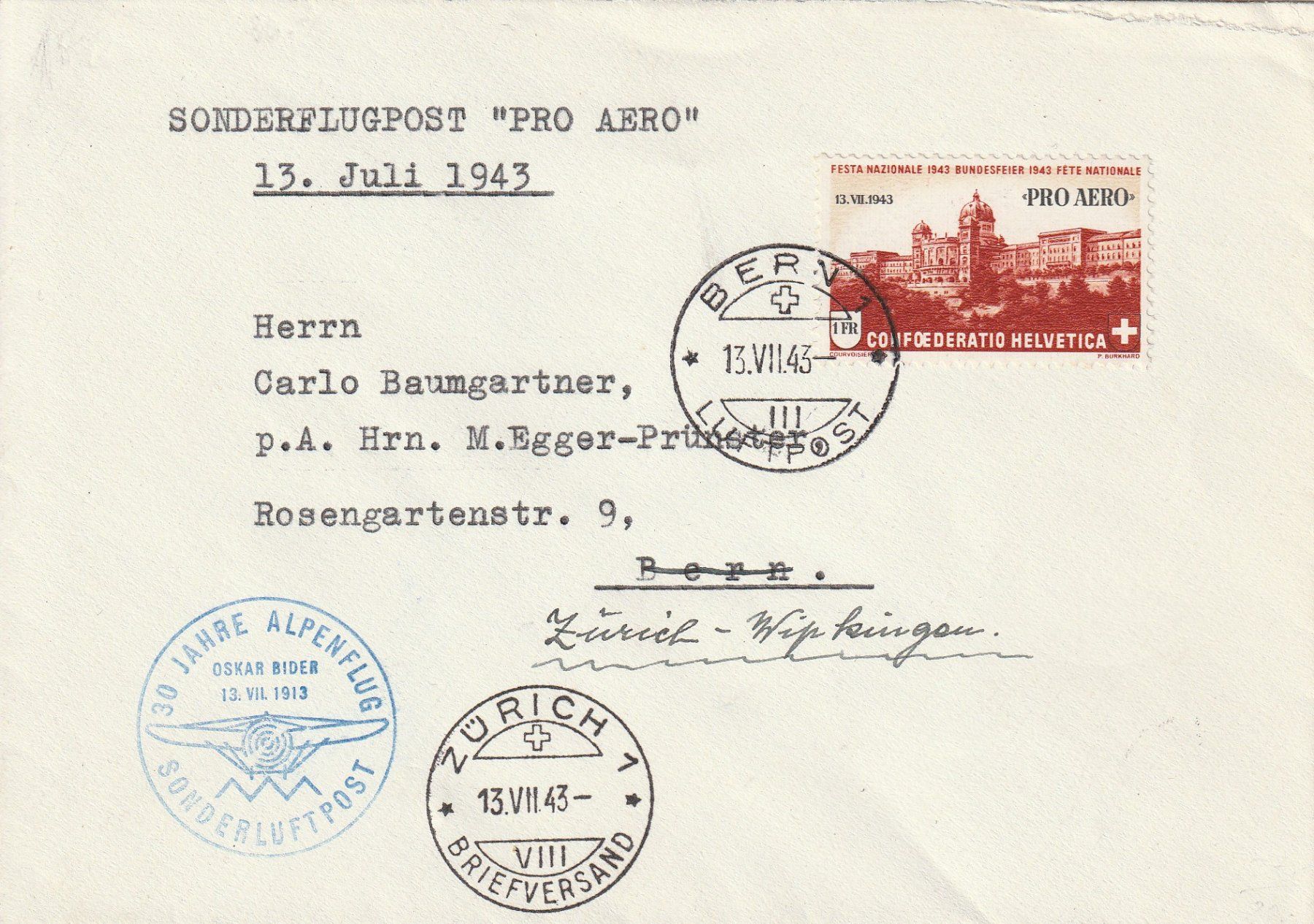 Luftpost-Brief-1943 Sonderflug Pro Aera Bern-Zürich (Gebraucht) in ...