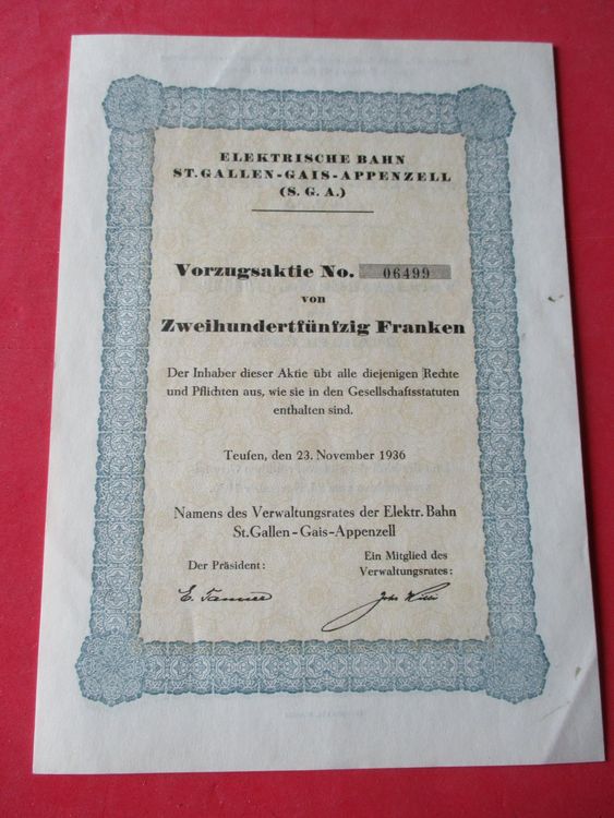 Aktie - Elektrische Bahn St. Gallen-Gais -Appenzell 1936 (Gebraucht) in ...