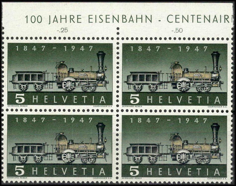 1947 - 5 Rp. Erste Dampflokomotive, ** Viererblock mit Pf. (Neu (gemäss Beschreibung)) in ...