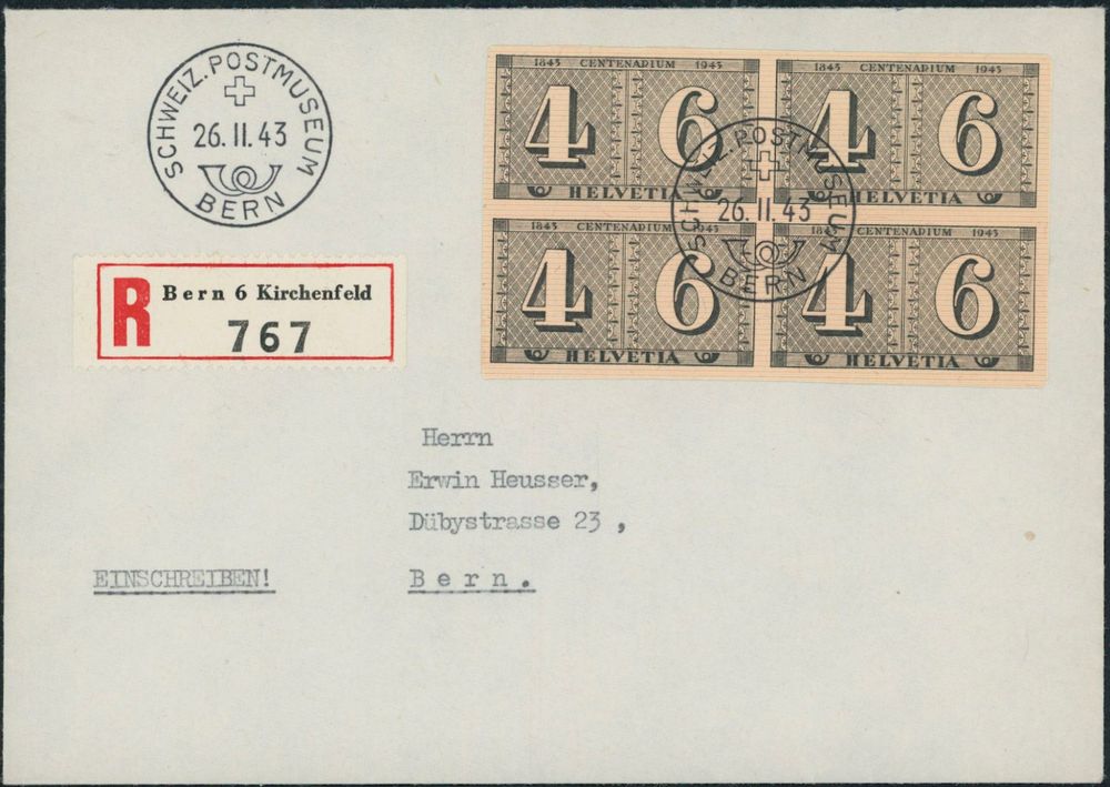 1943 - Luxusbogen - Blockausschnitte - Viererblock - FDC U4 (Gebraucht) in Schindellegi für CHF ...