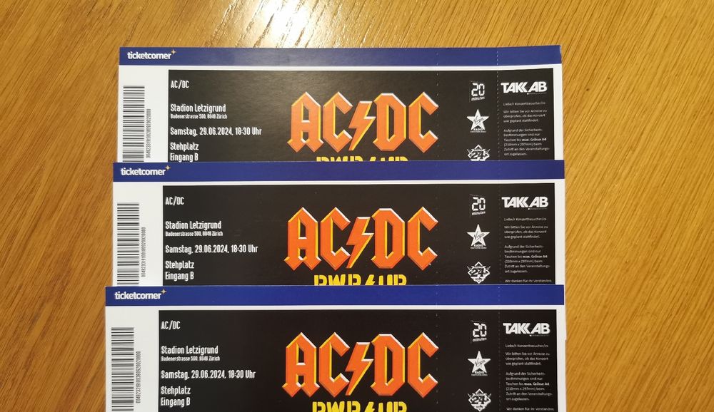 3x Stehplatzticket für das AC/DC Konzert in Zürich 29.06.24 (Neu und ...