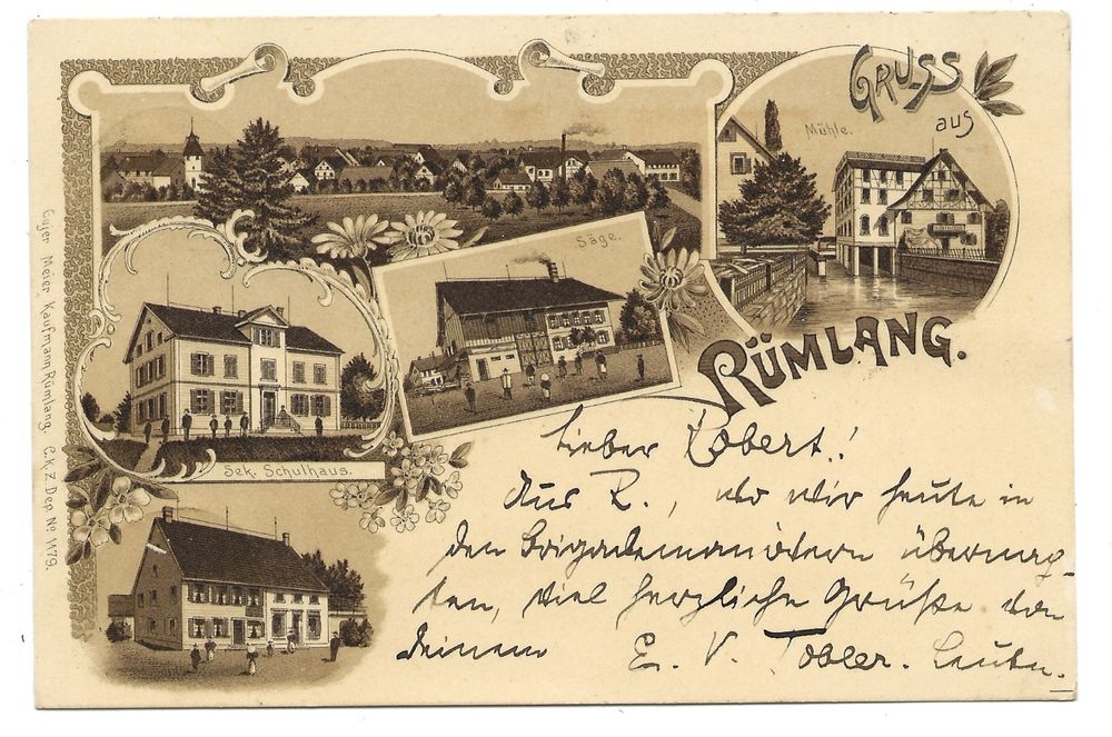 Gruss aus Rümlang (ZH) Schulhaus - Säge - Mühle - Litho 1902 (Gebraucht) in Engelburg für CHF 49 ...
