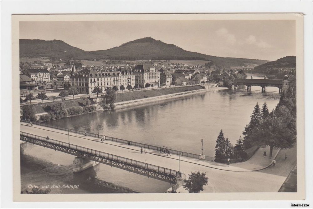 Olten mit Sälischlössli // Aare 1930 Brücke Menschen belebt | Acheter sur Ricardo