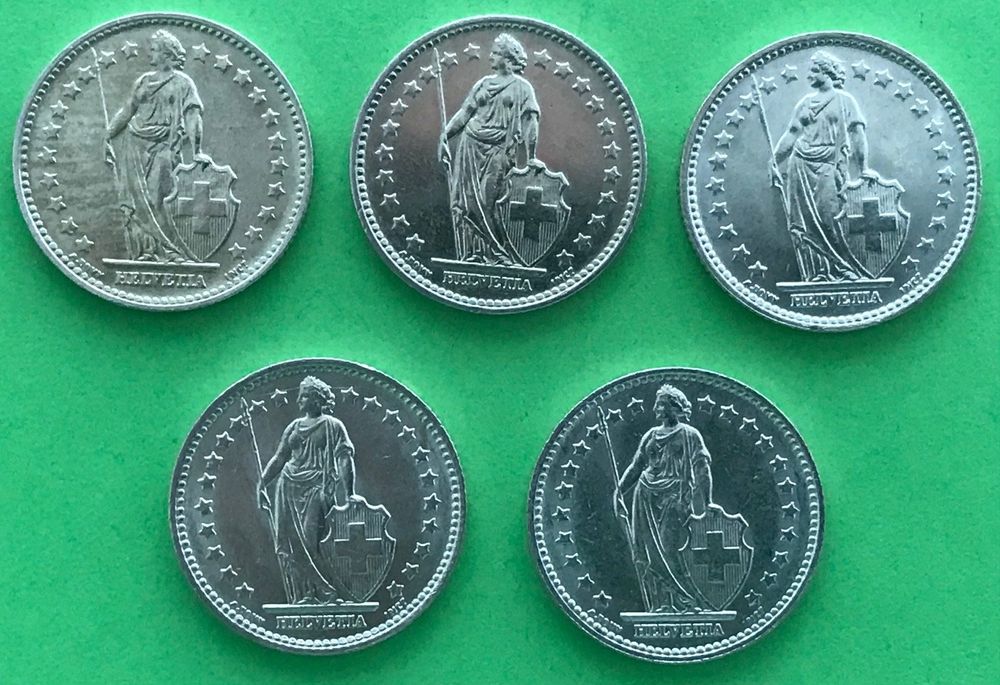 5 schöne Schweizer Silber 1 Franken-Münzen alle von 1955 (Gebraucht) in Zuerich für CHF 114 ...