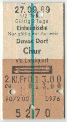Eisenbahn-Ticket / Billett Davos - Chur RHB Einheimische (Gebraucht) in Luzern für CHF 1 – mit ...