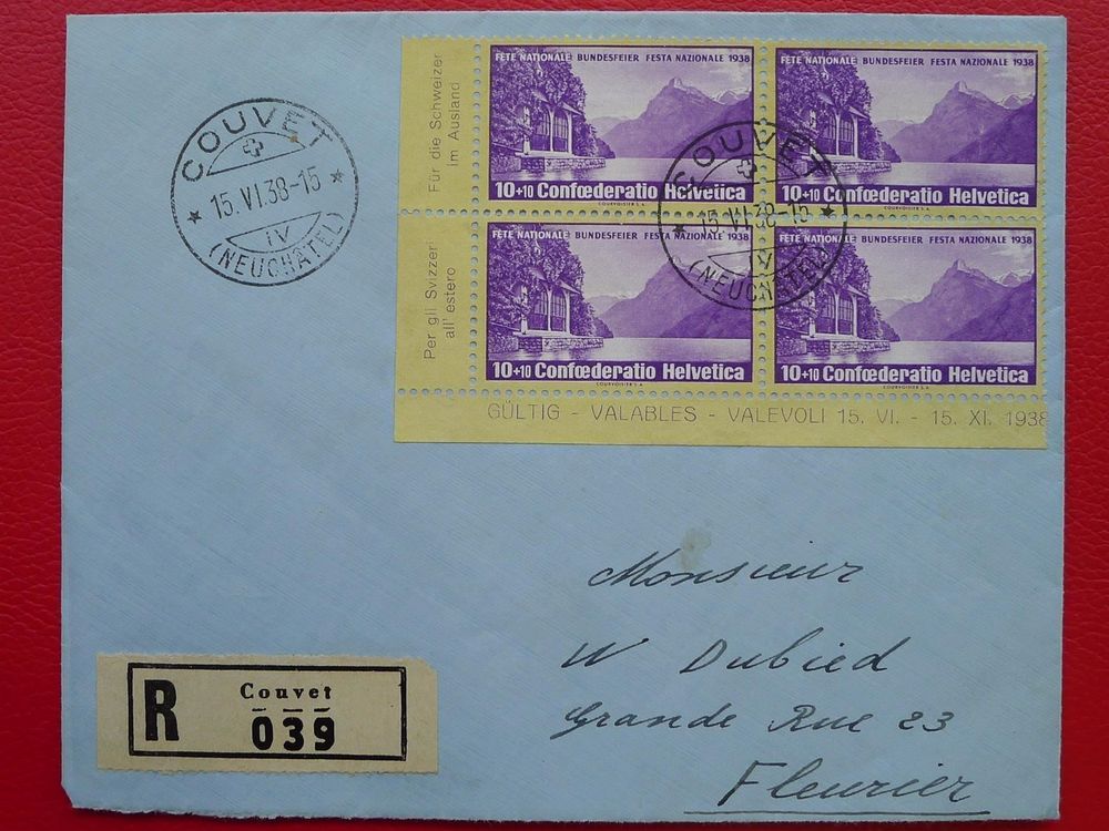 1938: B1 Viererblock a. Brief: COUVET - FLEURIER (NE) 500.-+ (Gebraucht ...