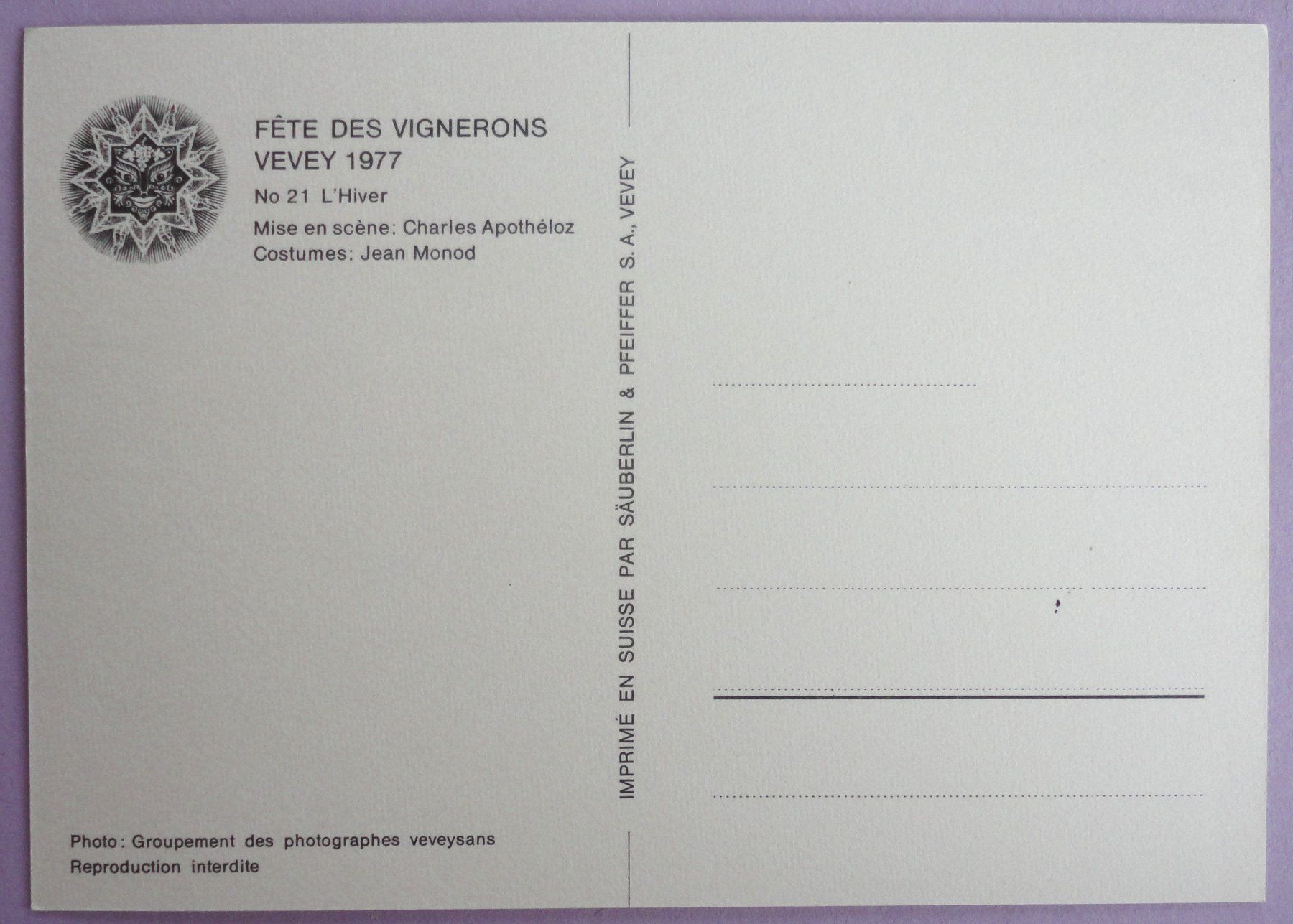 Fête des Vignerons, Vevey 1977, L' Hiver (D'occasion) à Fétigny pour ...