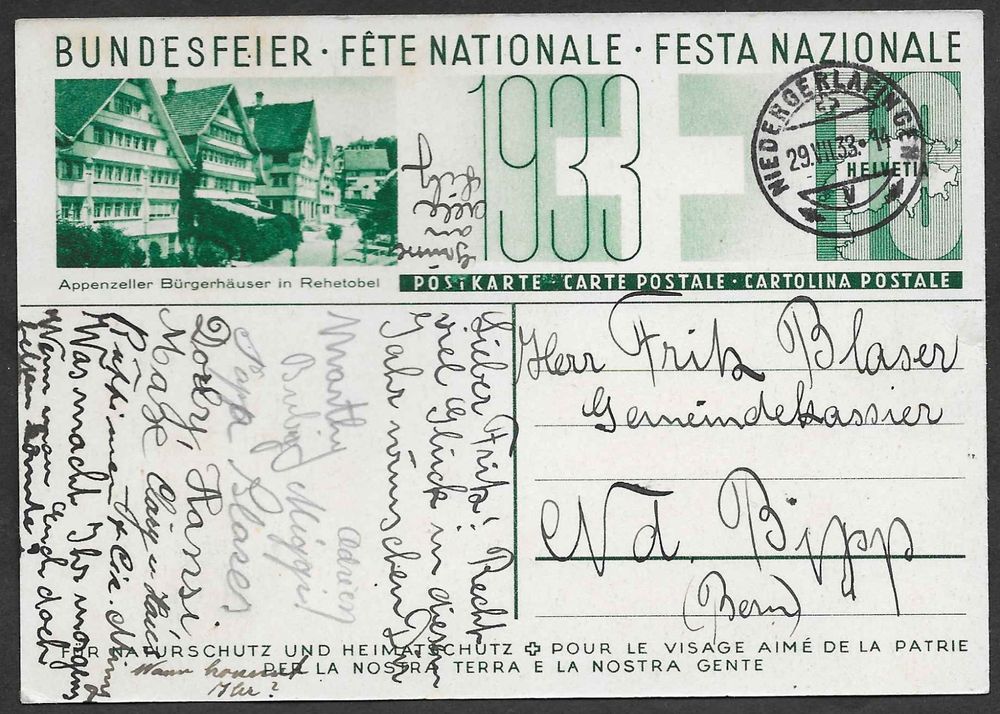 1933:Bundesfeier-PK No 57b Appenzeller Häuser in Rehetobel (Gebraucht) in Walperswil für CHF 17 ...