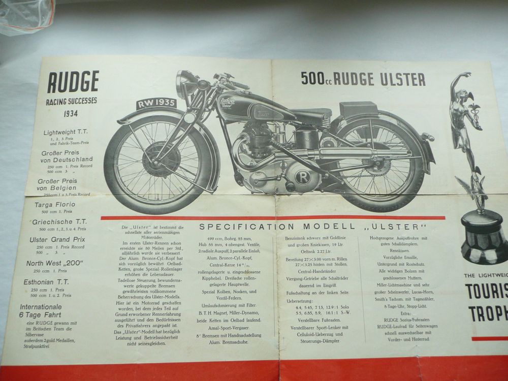 OLDTIMER RUDGE 500 ULSTER SPEZIAL 250 SPORTS PROSPEKT 1935 (Gebraucht ...
