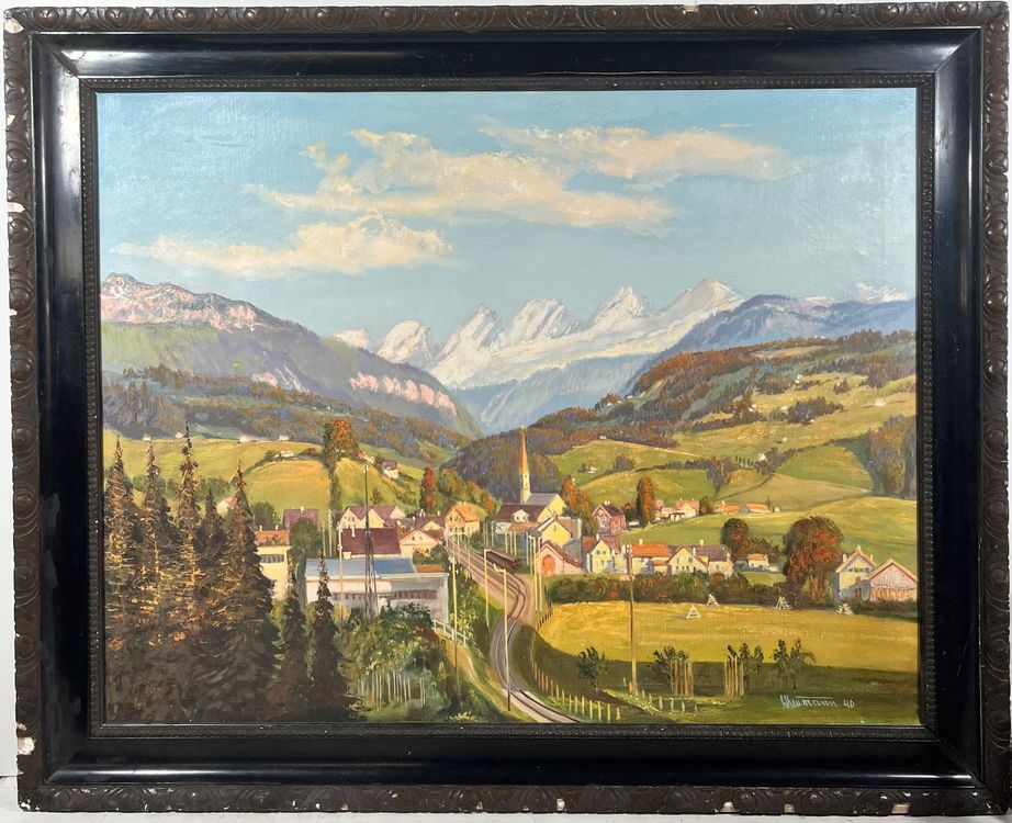 Grosse Dorf Ansicht Gemälde auf Leinwand, Unl. Sig. | Kaufen auf Ricardo