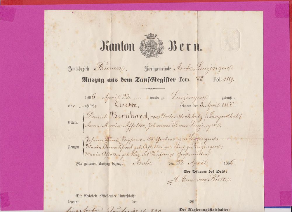 Arch Leuzingen : antikes Doku -Auszug aus Tauf-Register 1866 (Gebraucht ...