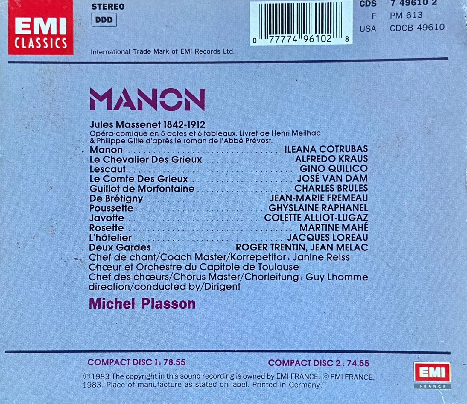 Manon • Massenet • 2 CDs Alfredo Kraus • Michel Plasson (Gebraucht) in ...