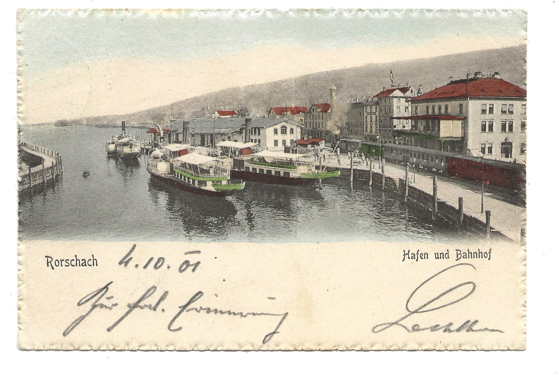 Rorschach SG Hafen und Bahnhof - Schiff - Zug Hand col. 1901 (Gebraucht ...