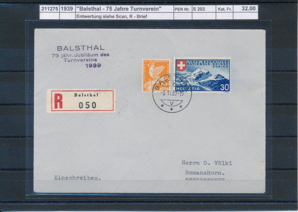 1939 Balsthal - 75 Jahre Turnverein, Sonderstempel (Gebraucht) in Winterthur für CHF 4.75 – mit ...