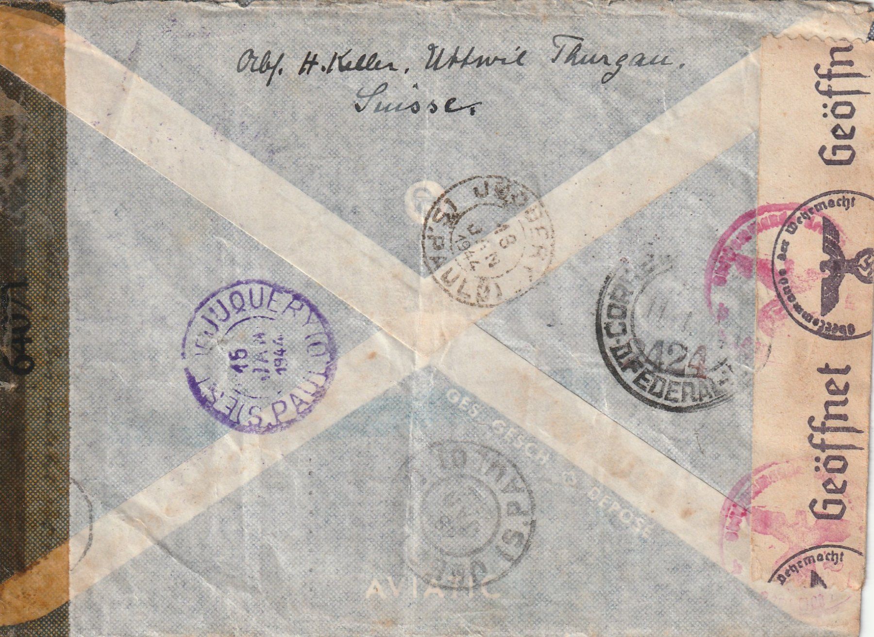 Luftpost Zensur-Brief-Schweiz/ Brasilien 1943 Reise 4 Monate (Gebraucht ...