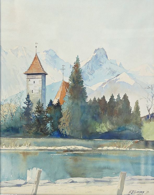 Walter EGGIMANN - Aquarell Scherzlingen Kirche bei Thun (Gebraucht) in Ostermundigen für CHF 125 ...