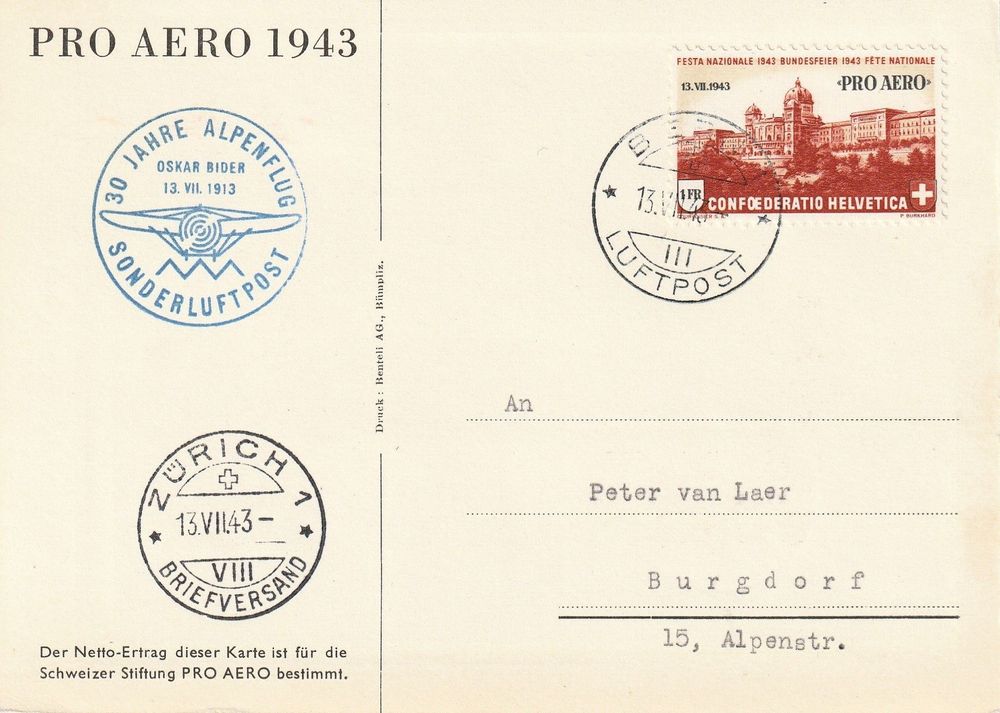 Pro Aero 1943, Sonderflug Bern-Zürich (Gebraucht) in Turgi für CHF 5 – mit Lieferung auf Ricardo ...