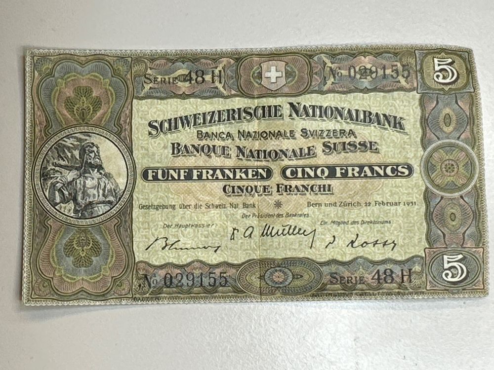 5 Fr.-Note Schweiz 1951 (Gebraucht) in Herisau für CHF 10 – mit ...