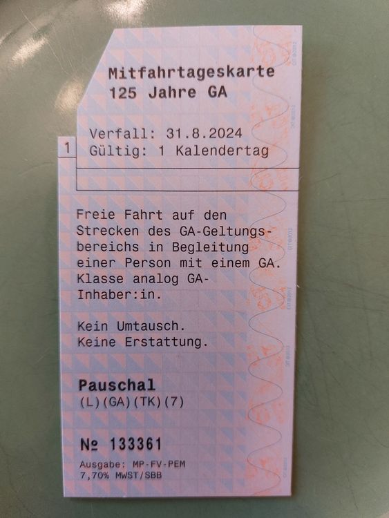 SBB Mitfahrtageskarte GA Verfall 31.8.2024 Klasse analog GA (Neu ...
