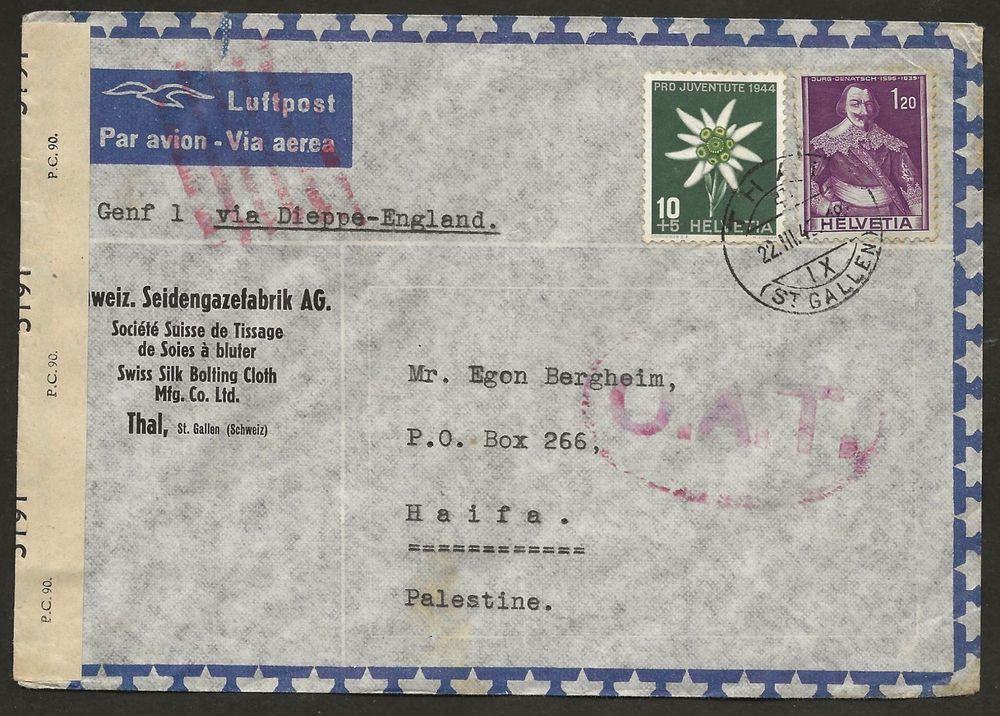 Flugpost Schweiz 1944 OAT via Dieppe Zensur Haifa Luftpost (Gebraucht) in Au ZH für CHF 36 – mit ...
