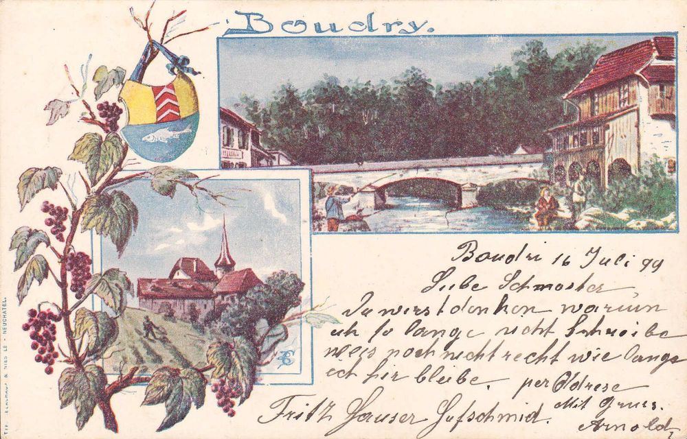 1899, "Boudry", farbige Lithokarte, passend gest. "Boudry" (Gebraucht) in Wenslingen für CHF 5 ...