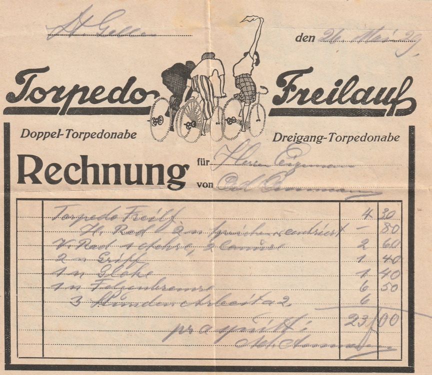 kleine Rechnung St. Gallen 1929 Torpedo Freilauf (Gebraucht) in Rorschacherberg für CHF 8 – mit ...