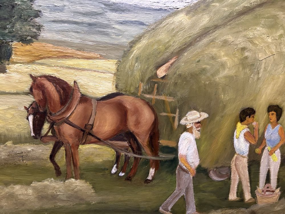 Großes Ölbild „Heuernte mit Pferden“, signiert A.T. (1962), (Gebraucht ...