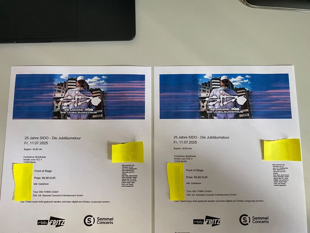 2x Sido Jubiläumsshow Ticket, Berlin, Front of Stage (Neu und ...
