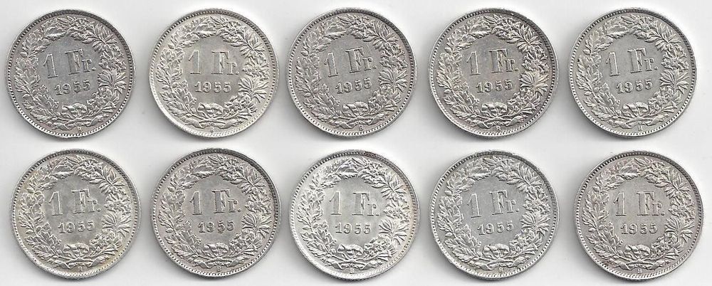 10 Schweizer 1 Franken-Münzen alle mit Jahrgang 1955 (Gebraucht) in Zürich für CHF 182 – mit ...