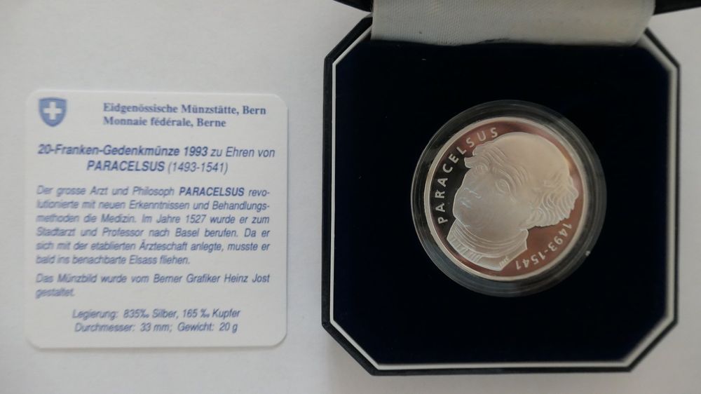 Gedenkmünze Paracelsus, 1993, Silber PP, 20 Franken (Neu und originalverpackt) in Hinterkappelen ...