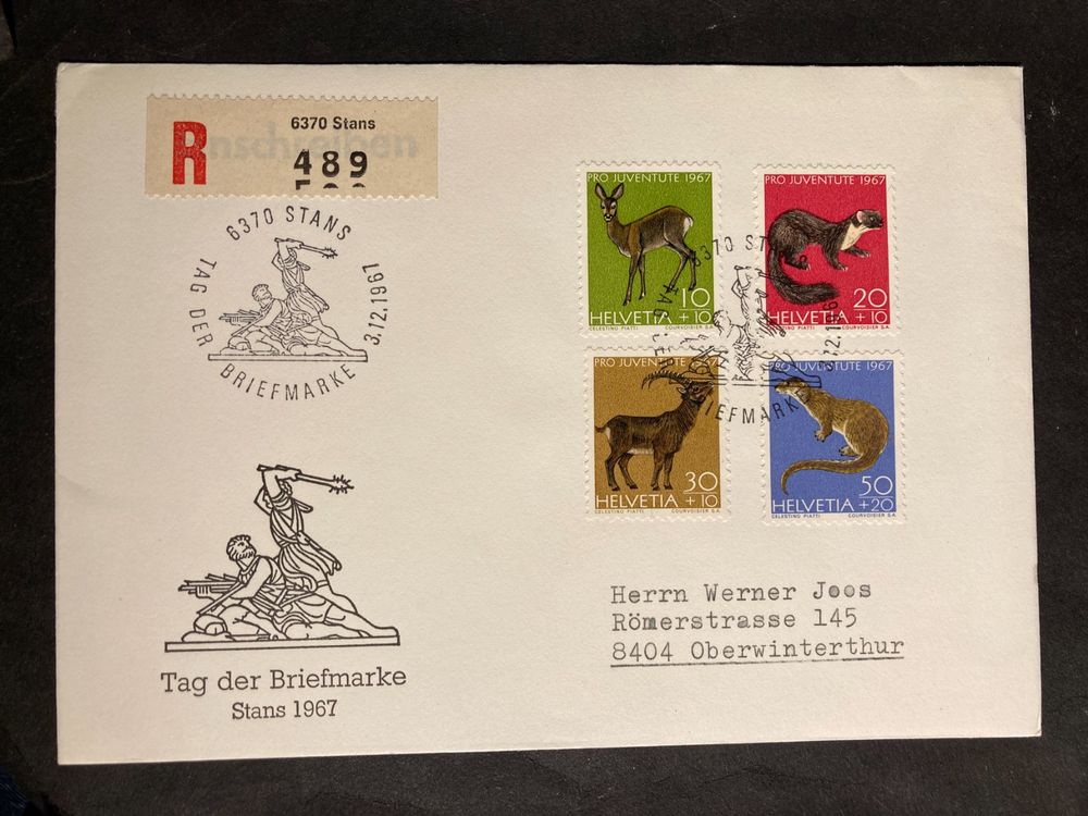 Schweiz 1967 R-Brief Tag der Briefmarke Stans Satz PJ Cachet (Gebraucht) in Liestal für CHF 4 ...