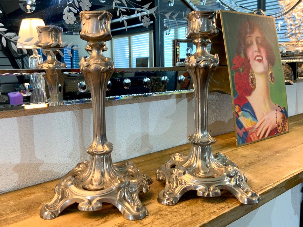 JUGENDSTIL 2 KERZENHALTER ZINKGUSS FRANKREICH UM 1900, H-20 | Kaufen auf Ricardo