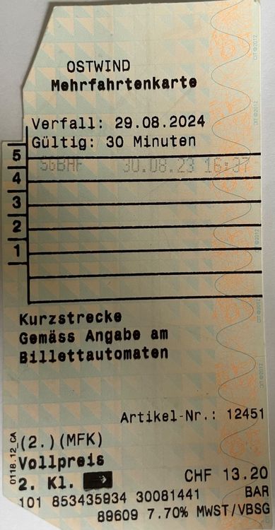 Mehrfahrtenkarte Ostwind (Gebraucht) in Winterthur für CHF 3 – mit Lieferung auf Ricardo kaufen