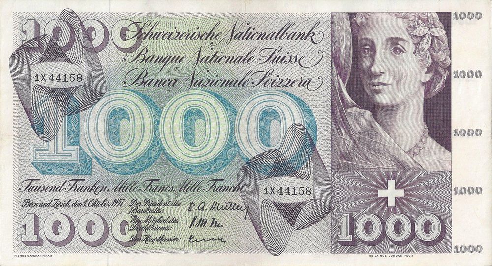 schöne Schweizer 1000 Franken-Banknote vom 4. Oktober 1957 | Kaufen auf ...