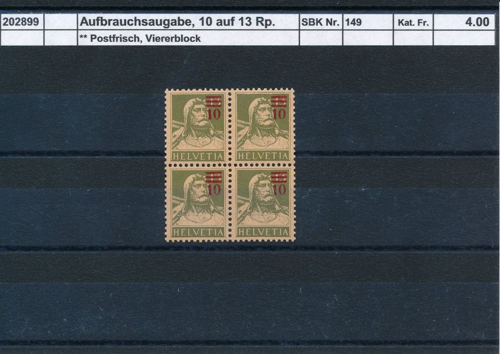 1921 Aufbrauchausgabe 10 auf 13 Rp. - Viererblock (Neu (gemäss Beschreibung)) in Winterthur für ...