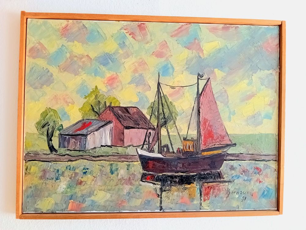 Ölgemälde mit Fischerboot am See, signiert, 1991. (Gebraucht) in Pratteln für CHF 168 – nur ...