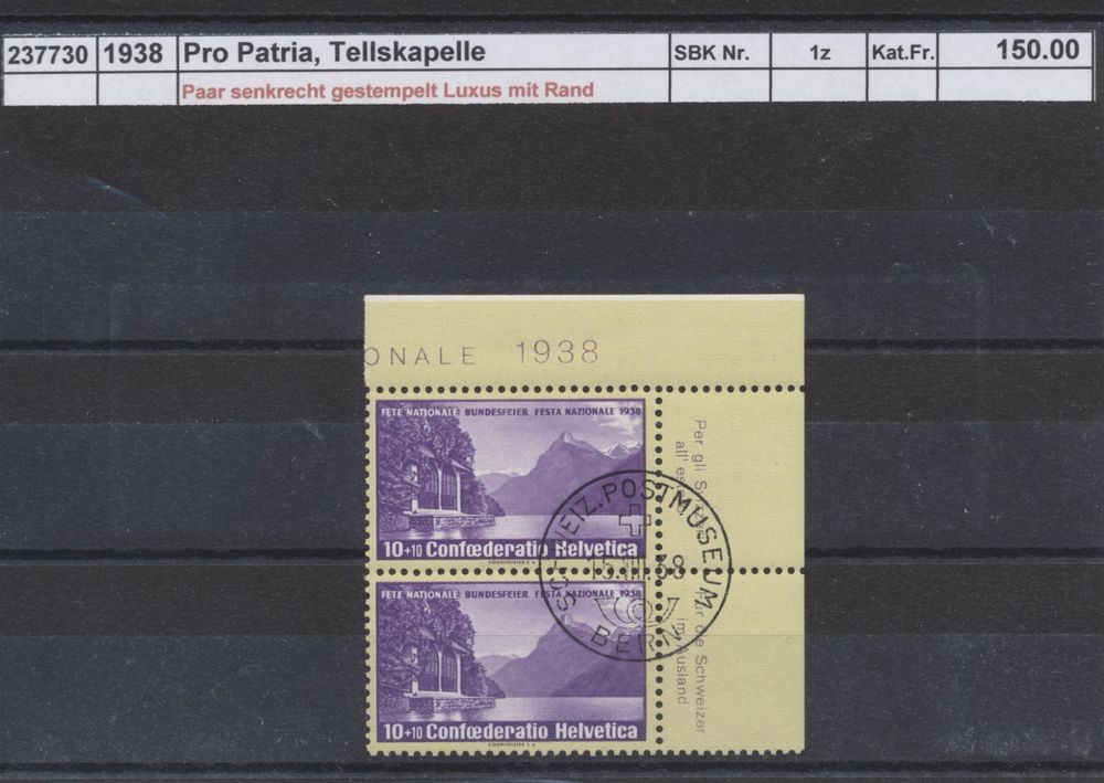 1938 Pro Patria, 10 Rp. Paar, geriffelt, gestempelt (Gebraucht) in Winterthur für CHF 38 – mit ...
