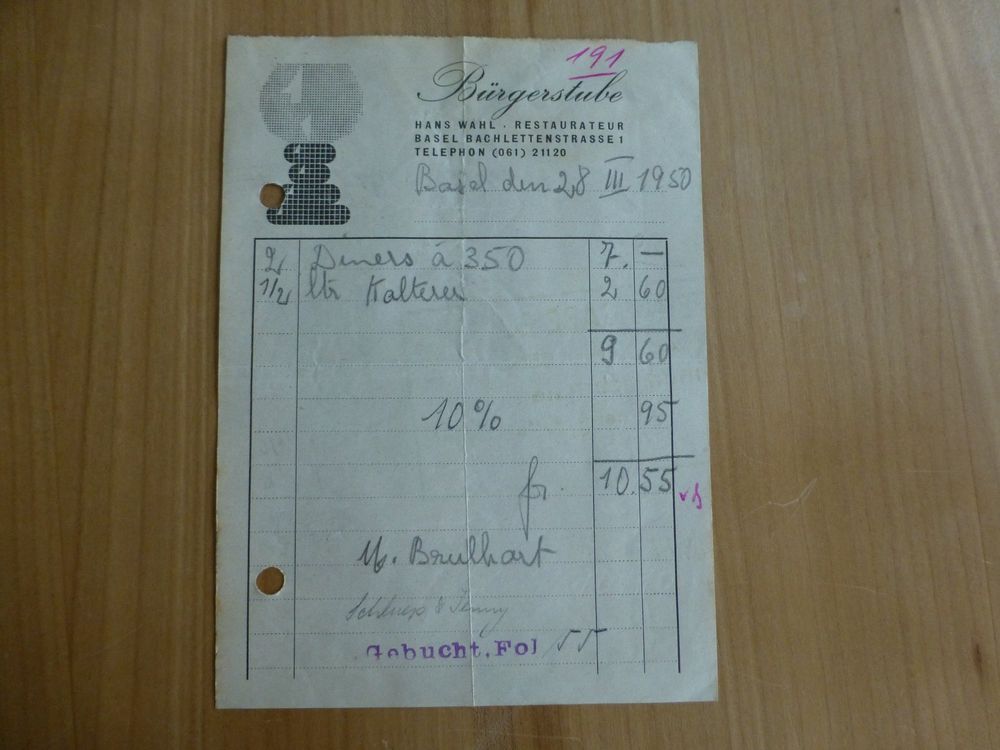 Basel, Restaurant Bürgerstube, Hans Wahl. Quittung 1950 (Gebraucht) in ...