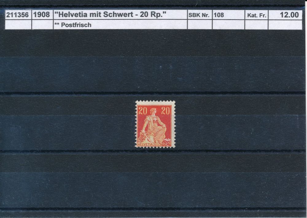 1908 Helvetia mit Schwert - 20 Rp., postfrisch (Neu (gemäss Beschreibung)) in Winterthur für CHF ...