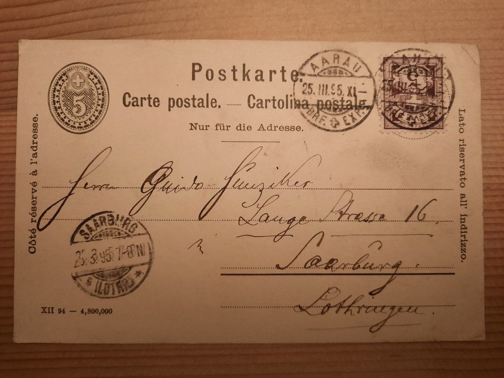 CH-Karte Aarau - Saarburg aus 1895 Zustand gem. Bilder (Gebraucht) in Oberuzwil für CHF 1 – mit ...